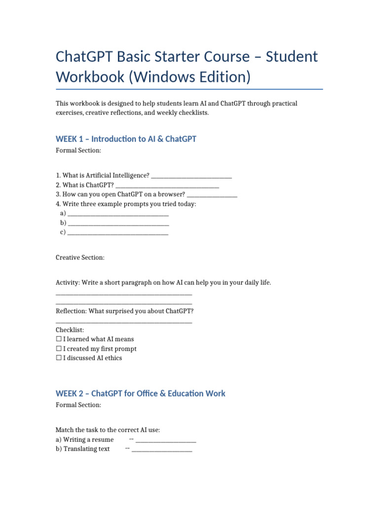 ChatGPT Basic Starter Course Student Workbook Windows Edition | PDF ...