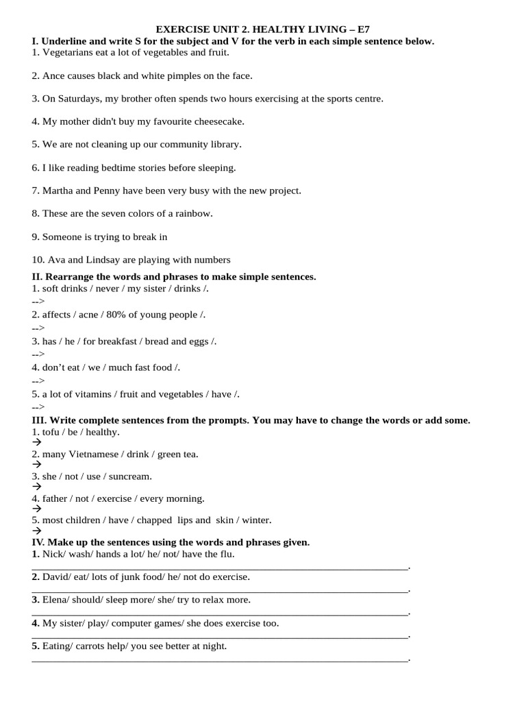 Exercise Unit 2. Healthy Living | PDF