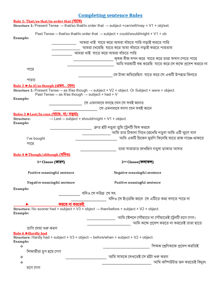 Completing Sentence Rules | PDF | Verb | Clause
