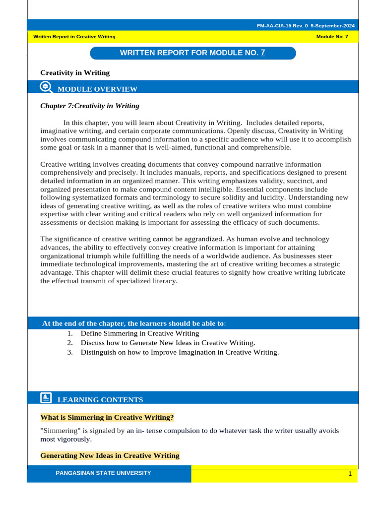 Creative Writing Module 7 | PDF | Creativity | Brainstorming