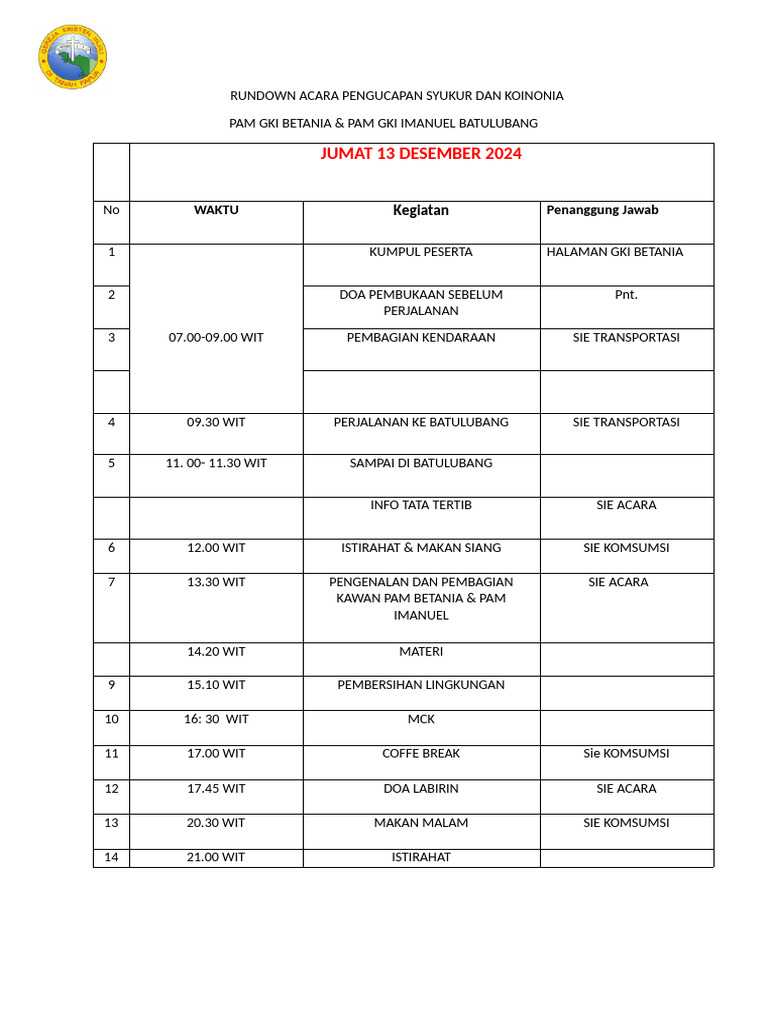 Rundown Acara Syukur PAM GKI 2024 | PDF