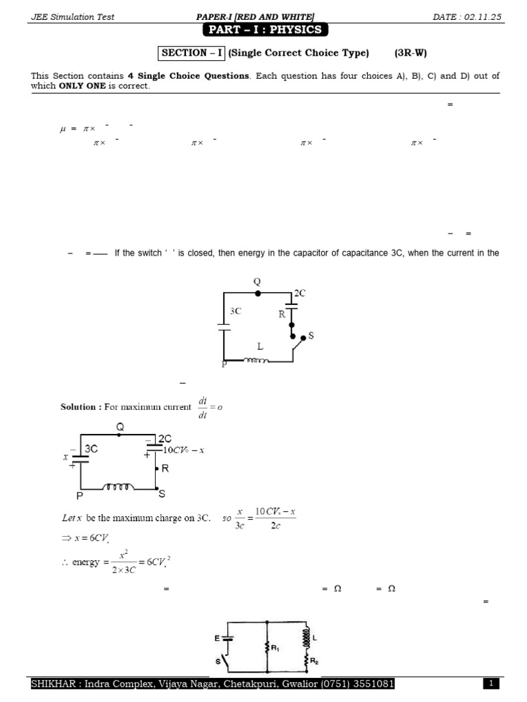 JEE Adv. PCM Mega Test Paper-I Red and White (With Answers) 02.10.25 ...