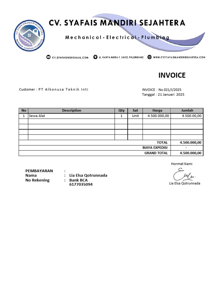 Invoice Sewa Alat PT Alkonusa 2025 | PDF