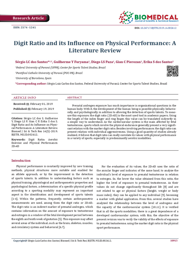 Digit Ratio and Its Influence On Physica | PDF | Testosterone