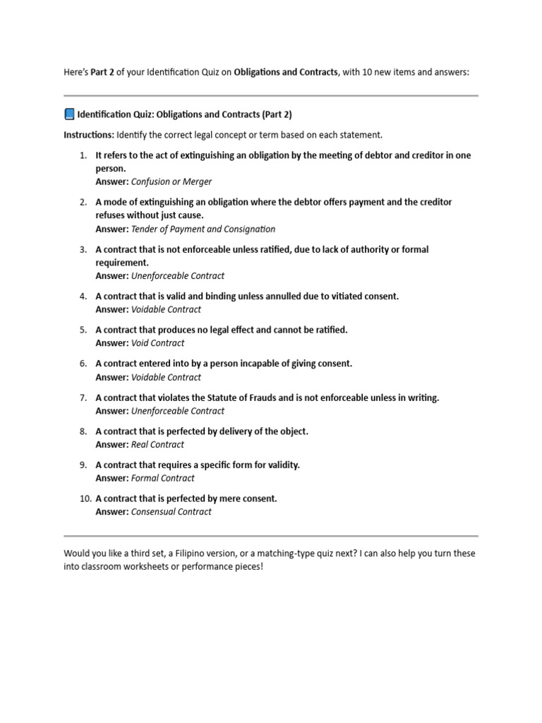 Obligations and Contracts Identification Quiz Part 2 | PDF