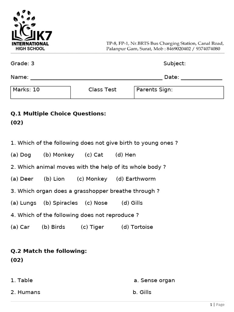 Grade 3 Science Class Test Questions | PDF
