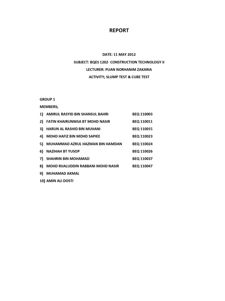 REPORT Slump Test | PDF | Concrete | Building Materials