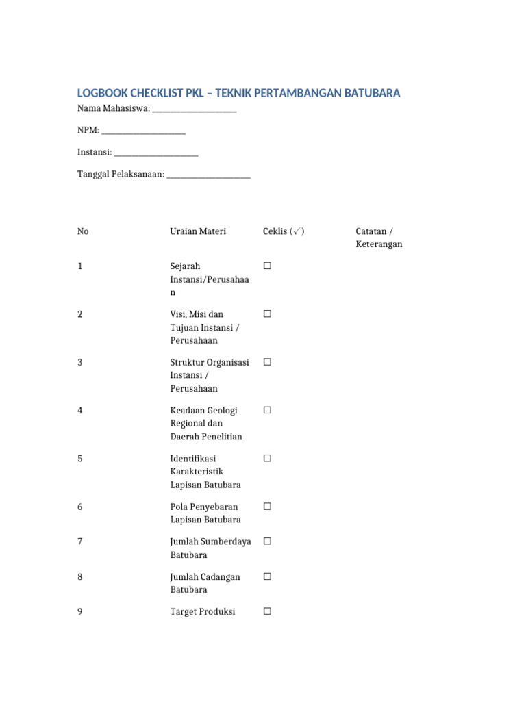 Logbook Checklist PKL 2025 | PDF