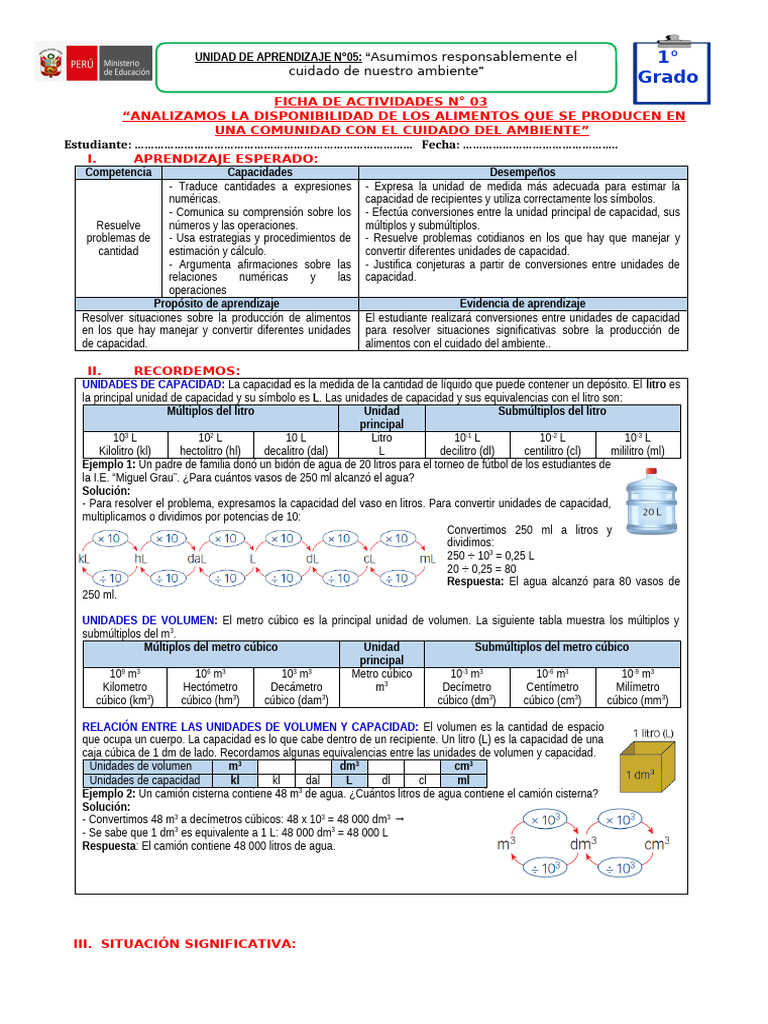 FICHA 9 - 1ERO - EXP 5 | PDF | Litro | Volumen