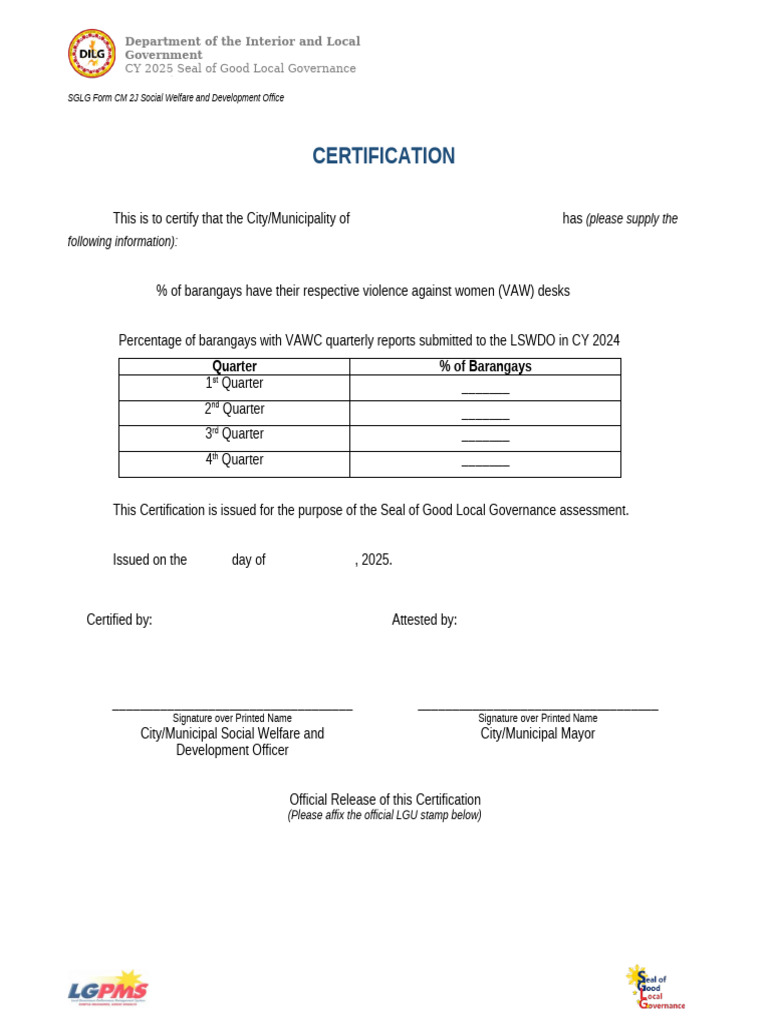 MSWDO Certification for SGLG Assessment | PDF