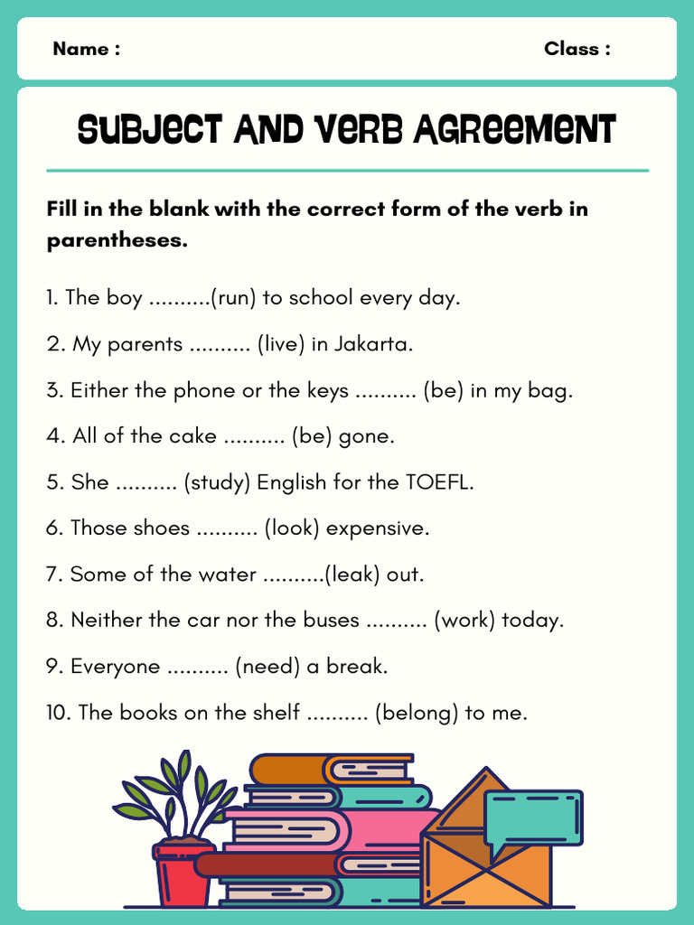 Subject and Verb Agreement Worksheet in White Blue Illustrated Style | PDF