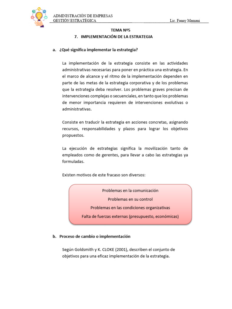Tema 7 Implementaci-N de La Estrategia-1 | PDF | Gestión estratégica | Business