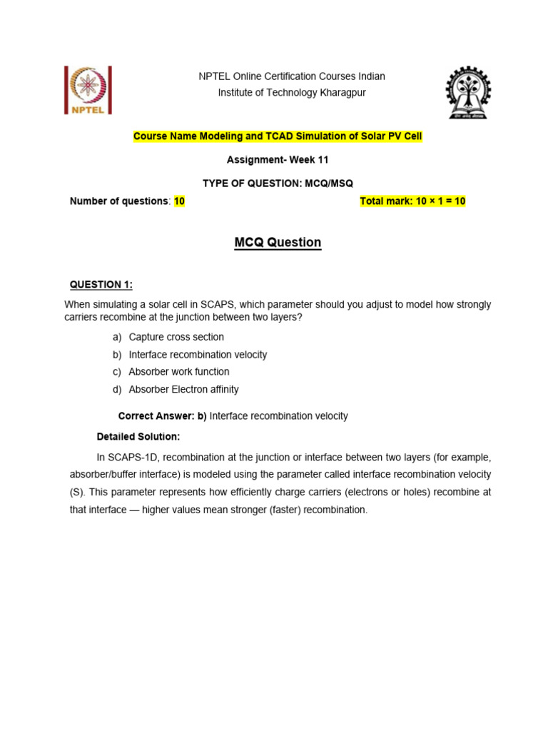 Noc25-Ee132 Modeling and TCAD Simulation of Solar PV Cell -Assignment 11_Rev | PDF | Solar Cell ...