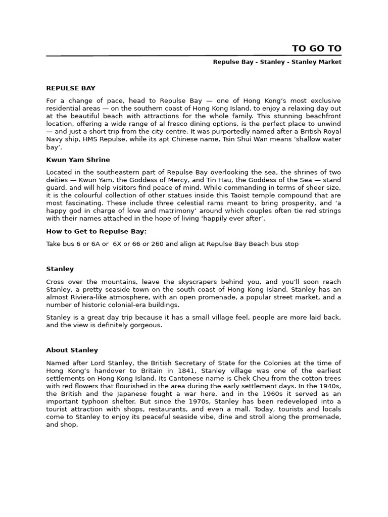 To Go To Repulse Bay and Stanley | PDF