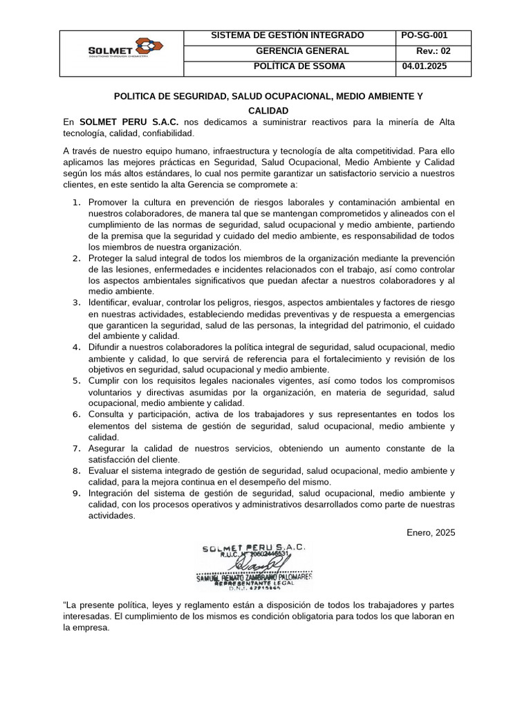 Política de Seguridad y Calidad en SOLMET | PDF | Seguridad y salud ...