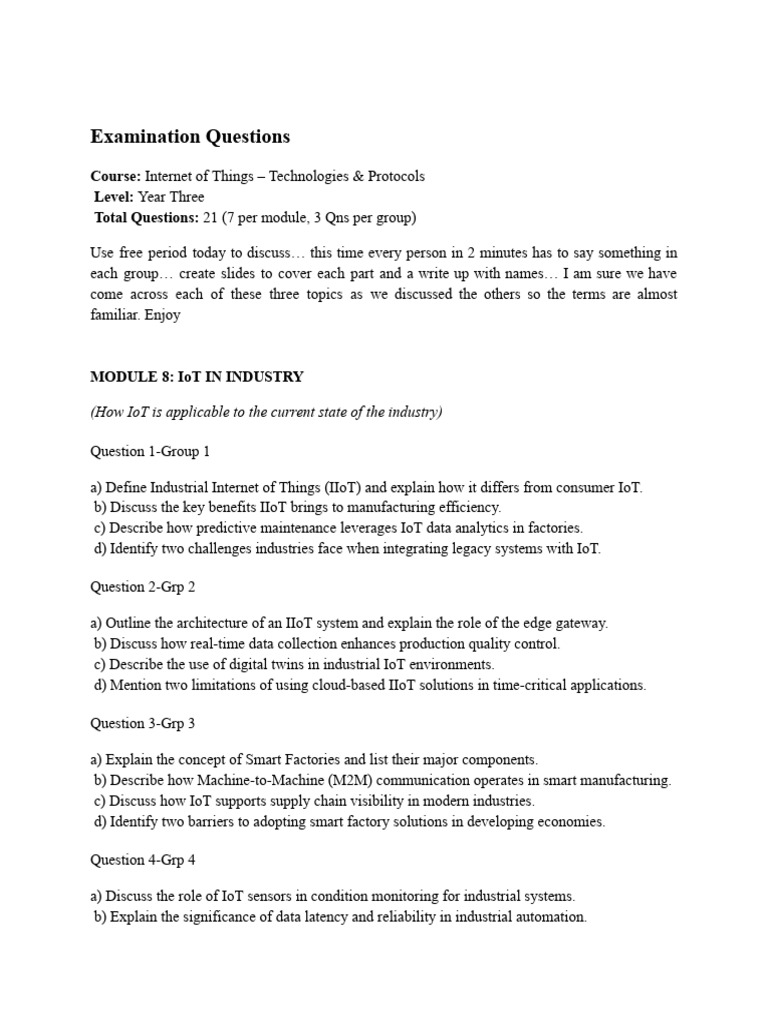 Examination Questions-Module 8, 9 and 10 For IoT | PDF | Internet Of ...