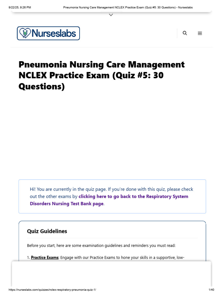 Pneumonia Nursing Care Management NCLEX Practice Exam (Quiz #5 - 30 ...