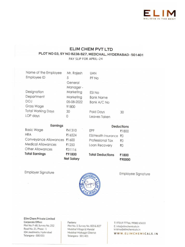 Elim Pay Slip Rajesh April | PDF