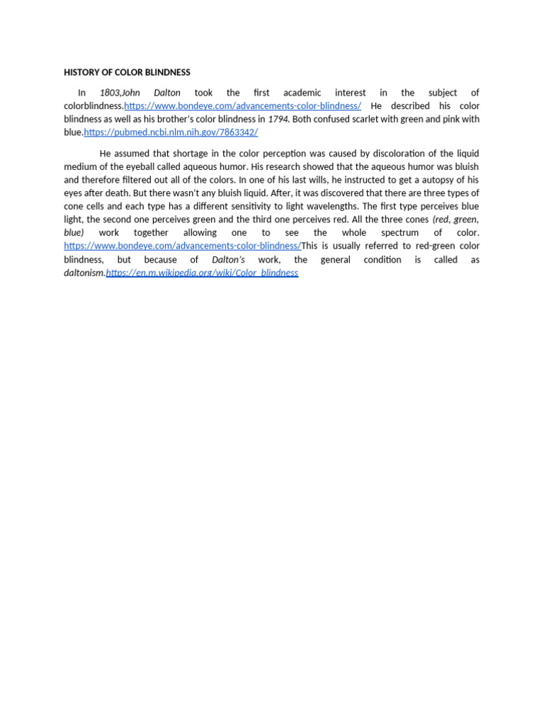 History of Color Blindness: Dalton's Insights | PDF