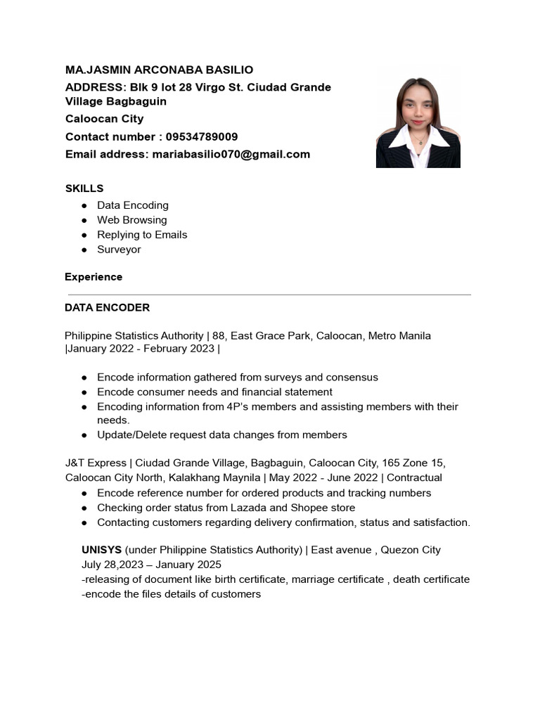 Data Encoder Resume of Jasmin Basilio | PDF
