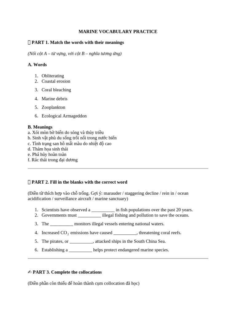 Marine and Archaeology Vocabulary Practice | PDF | Oceans | Artifact ...