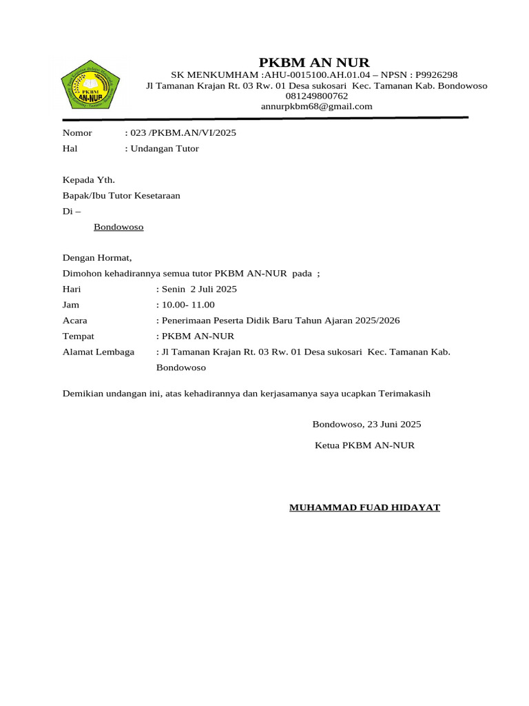 Undangan Tutor PKBM AN-NUR 2025 | PDF