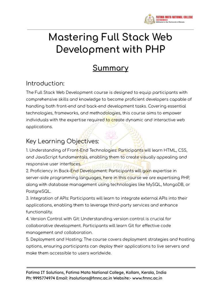 Mastering Full Stack Web Development with PHP - Course Details - FMNC | PDF | Web Development | Php