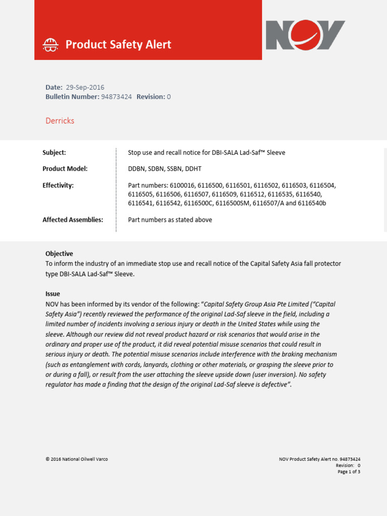 94873424-SA - Stop Use and Recall Notice For DBI-SALA Lad-Saf™ Sleeve ...