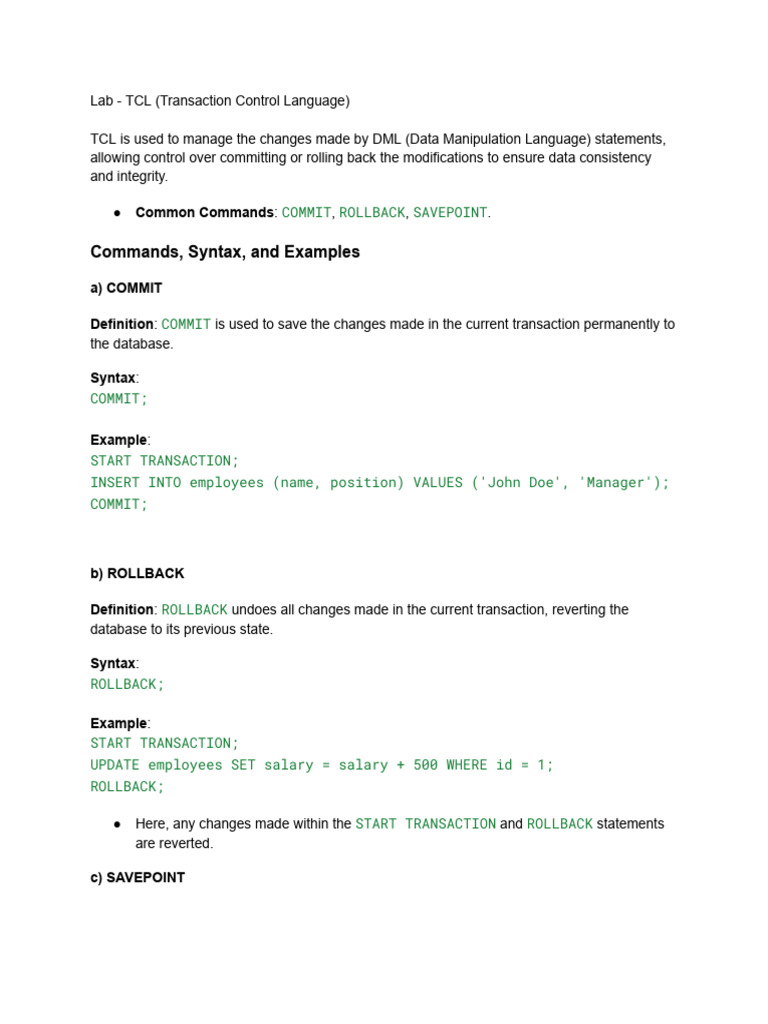 Lab - TCL (Transaction Control Language) | PDF | Database Transaction | Data Management