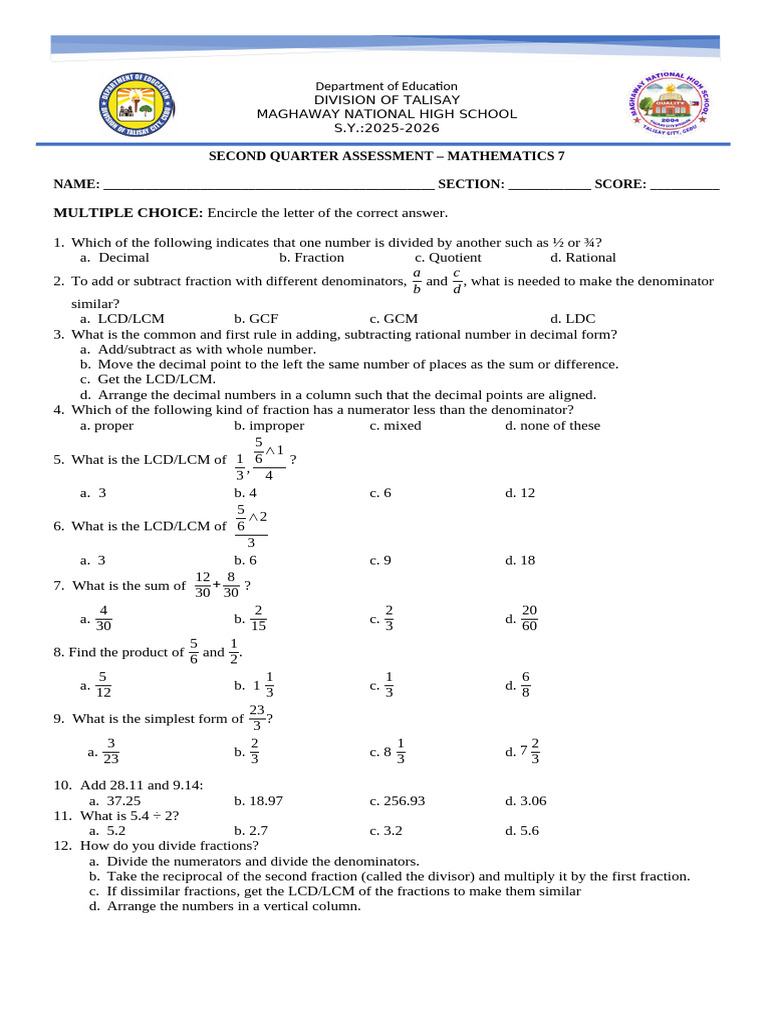 Math 7 Second Quarter Assessment | PDF | Arithmetic | Discrete Mathematics