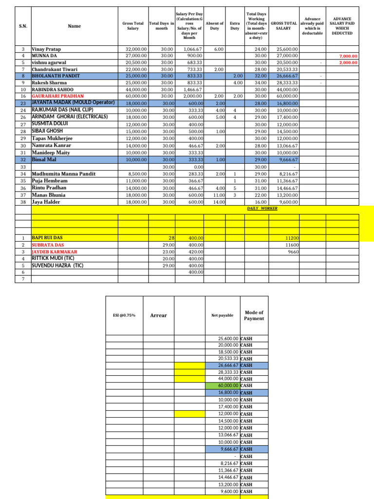 Salary Sheet - July 25 | PDF