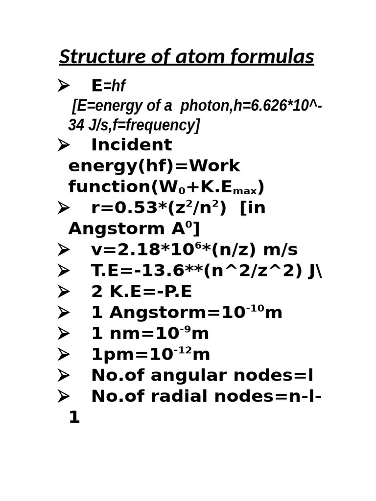 Structure of Atom Formulas | PDF