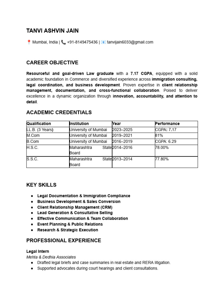 Tanvi Jain Resume | PDF | Business