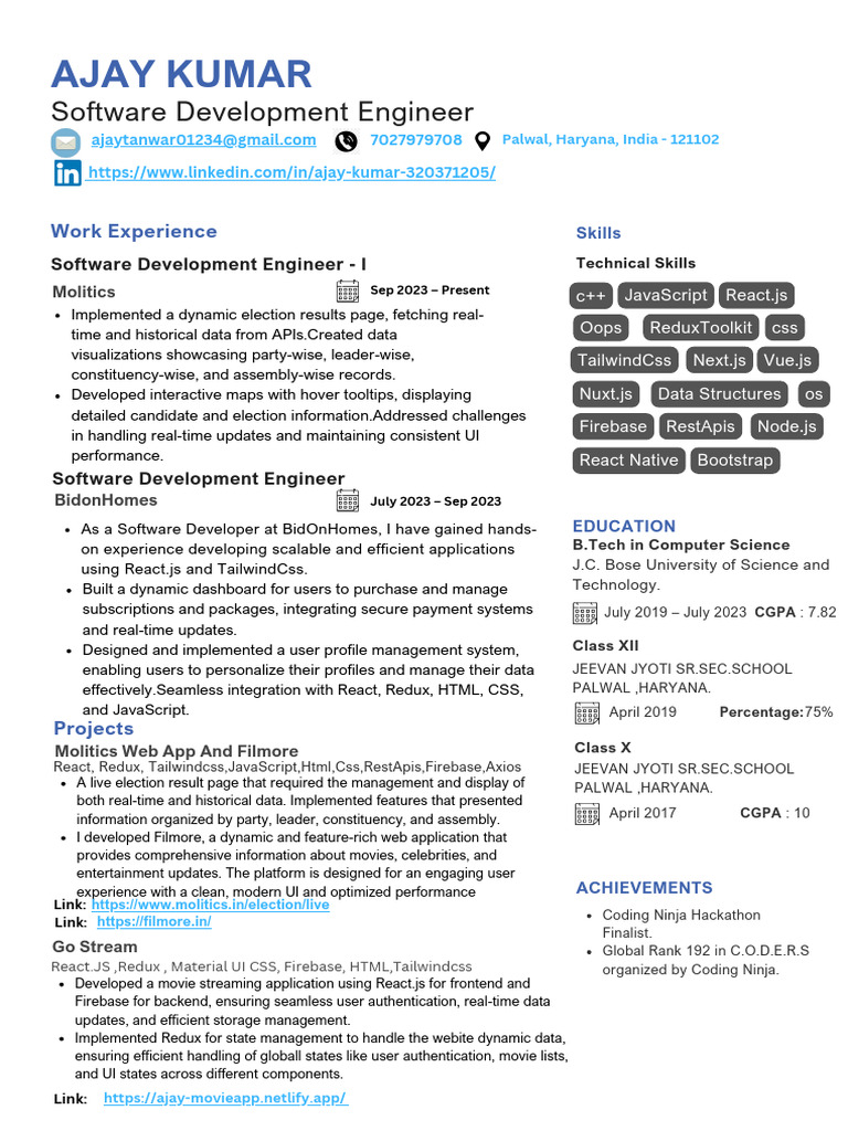 Ajay Kumar: Software Development Engineer | PDF | Software Engineering ...