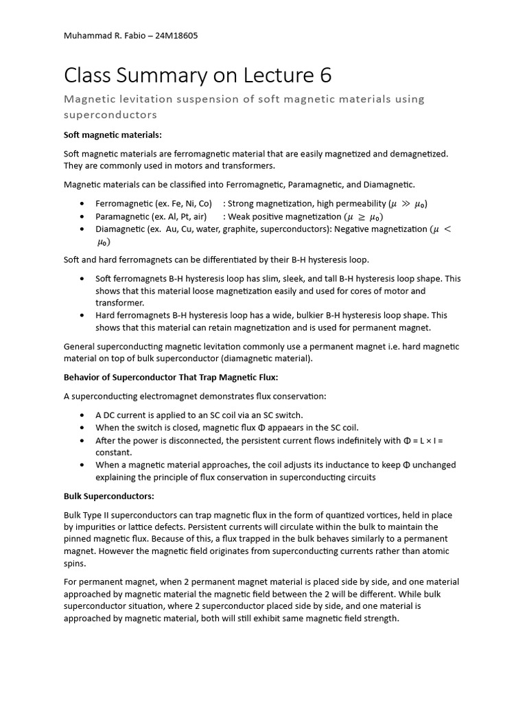 Magnetic Levitation Class Summary on Lecture 6 | PDF | Ferromagnetism | Magnetization