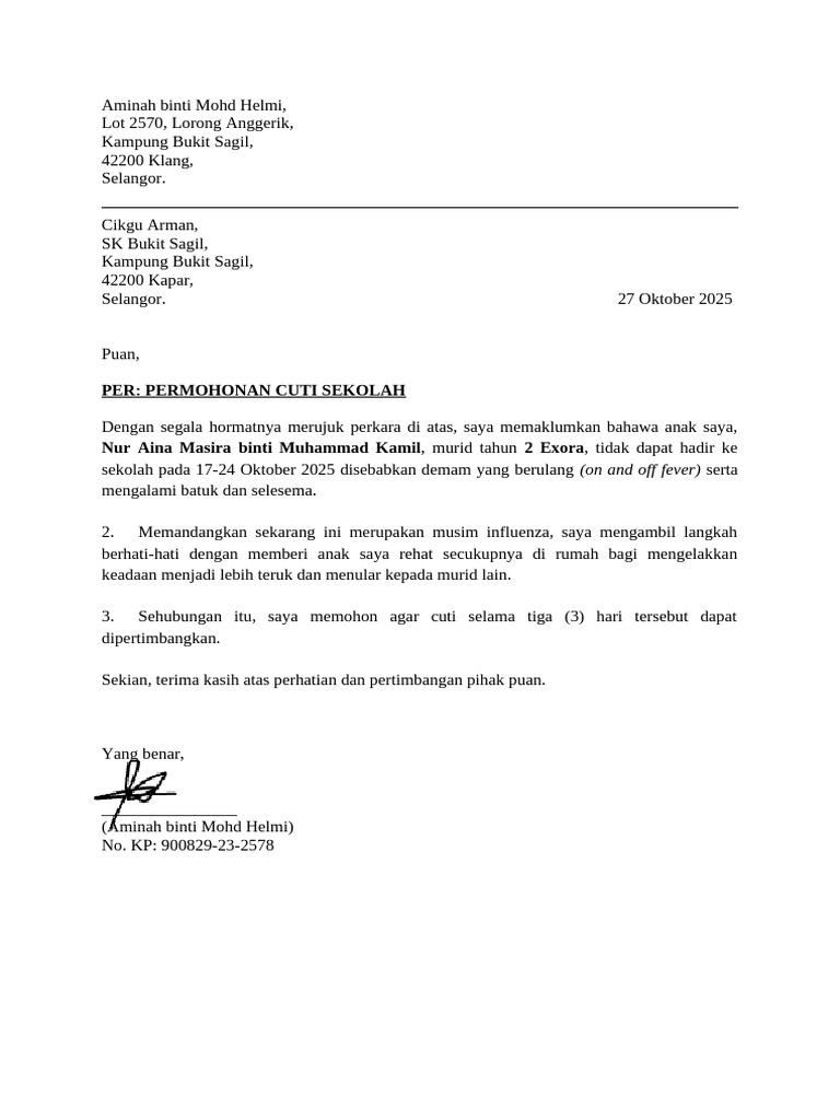Surat Cuti Demam on Off | PDF