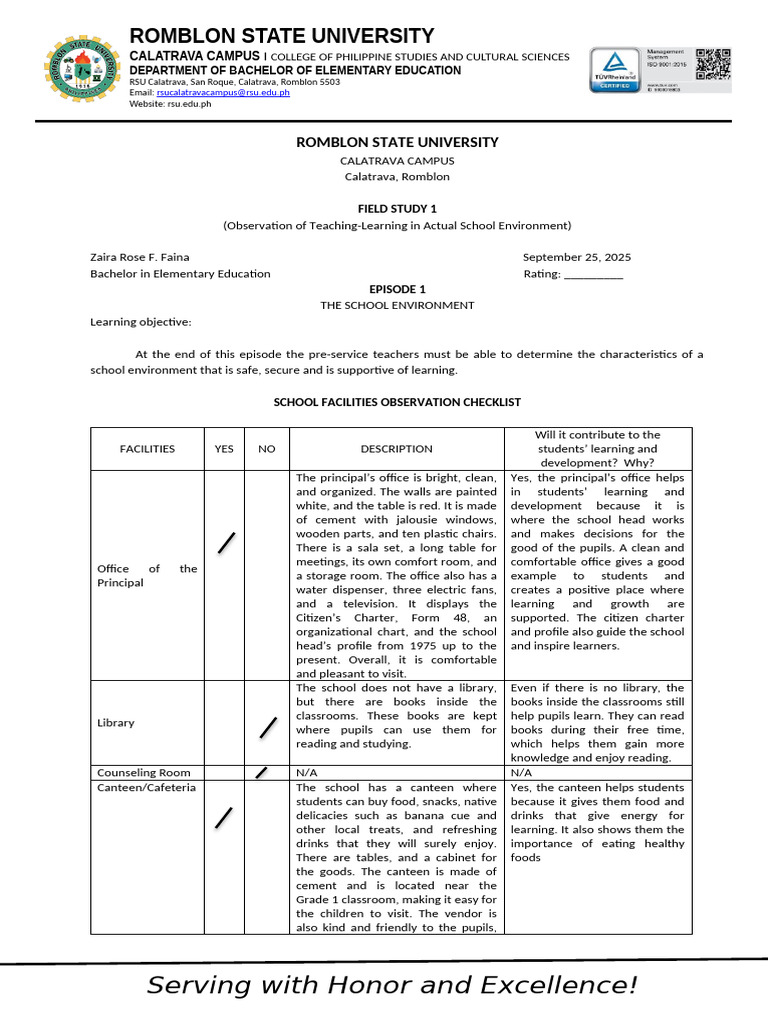 FIELD STUDY EPISODE 1 | PDF | Classroom | Learning