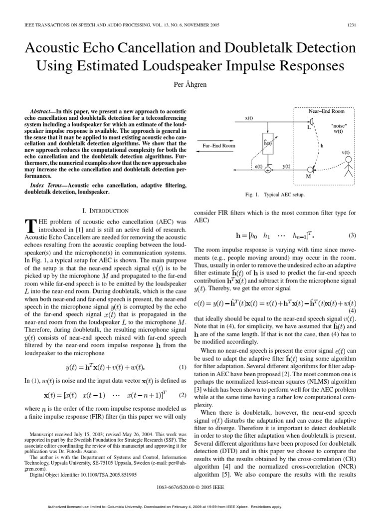 Acoustic Echo Cancellation And Double Talk Detection Loudspeaker Algorithms