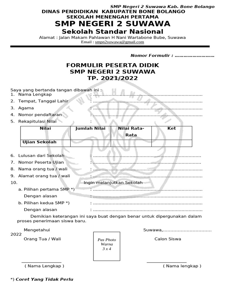 Formulir Siswa Baru 2021 | PDF