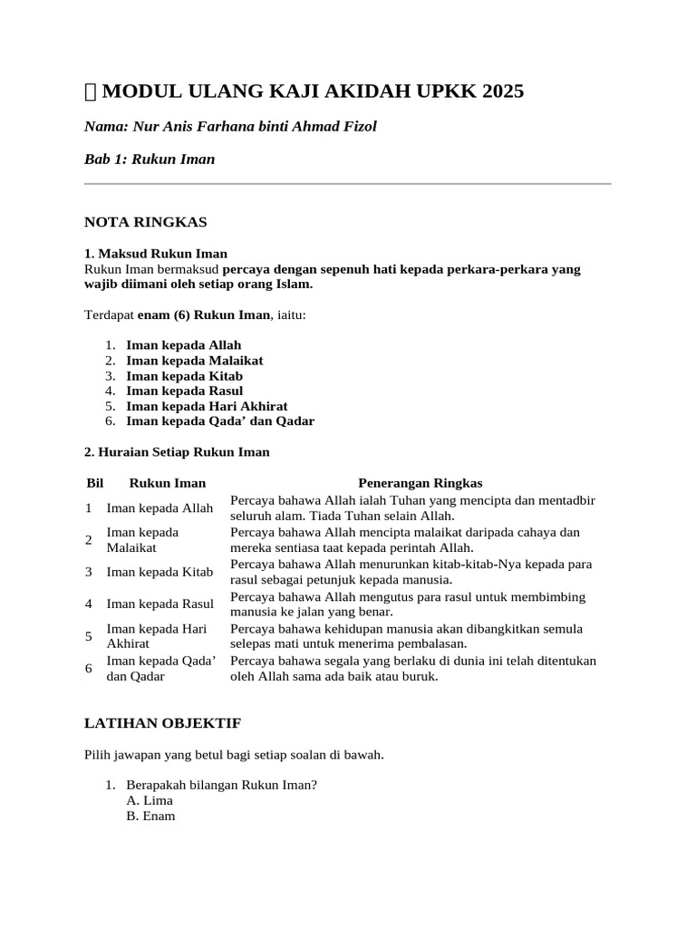 Modul Ulang Kaji Akidah Upkk 2025 Anis Farhana | PDF