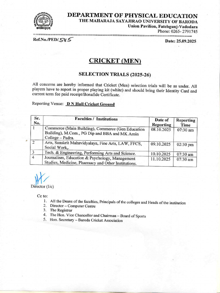 Circular For Cricket Selection-25-26 | PDF