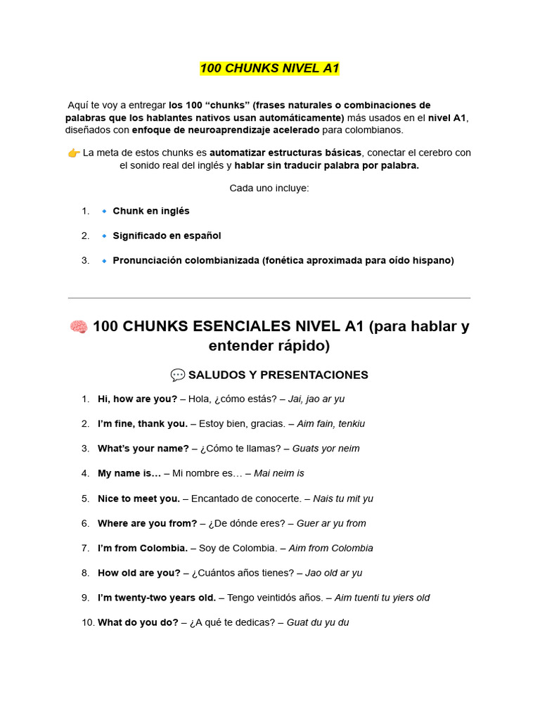 100 Chunks Esenciales Inglés A1 | PDF | Comunicación humana | Voz humana