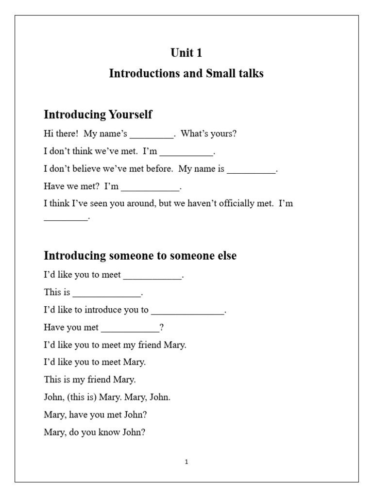 Unit 1, Introductions and Small Talks | PDF