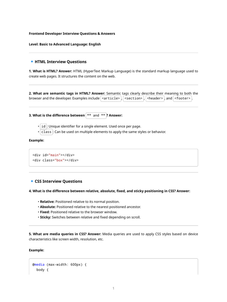 Frontend Interview QN A | PDF | Html | Java Script