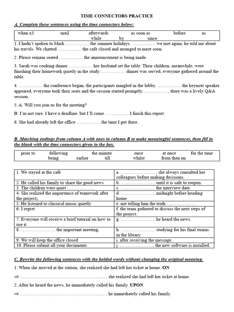 Time Connectors Practice | PDF