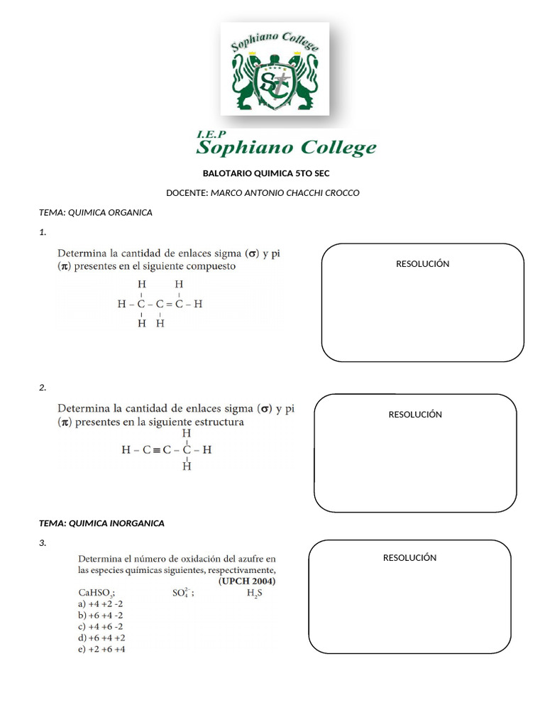 Balotario Quimica 5to Sec2025 | PDF