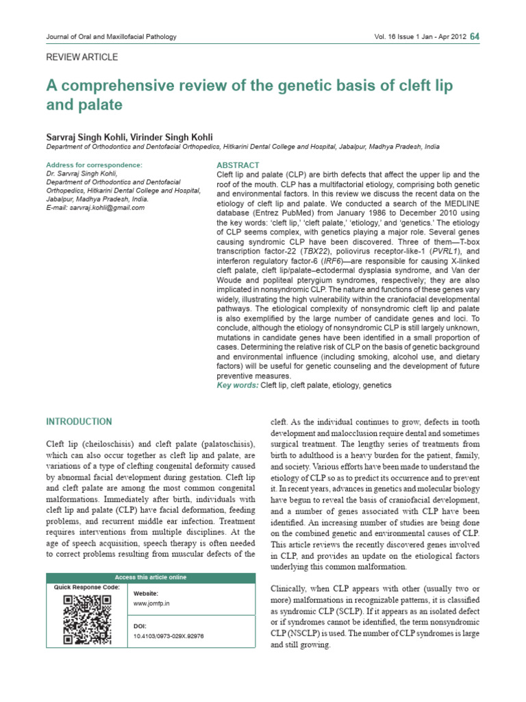 2012 A Comprehensive Review of The Genetic Basis of Cleft Lip and ...