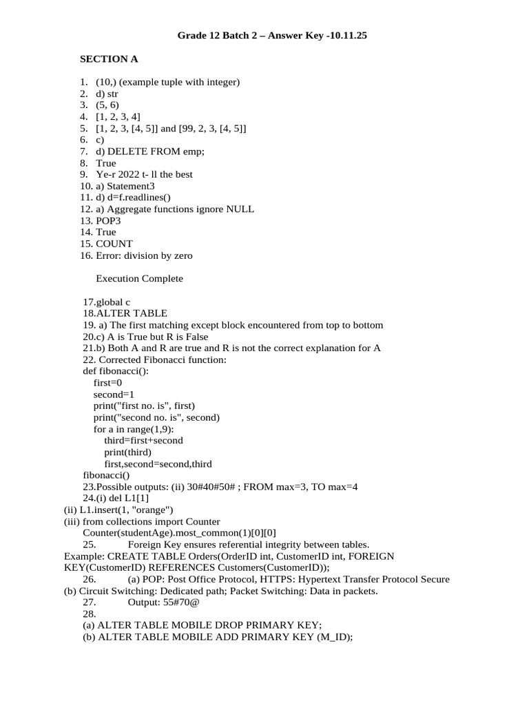 Grade 12 - Batch-2 Ans Key - 10.11.2025 | PDF | Computing | Data Management