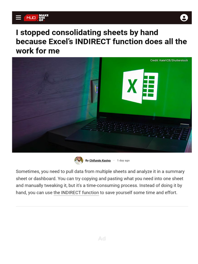 WWW Makeuseof Com Stopped Consolidating Sheets Hand Excels Indirect Function Doe... | PDF ...