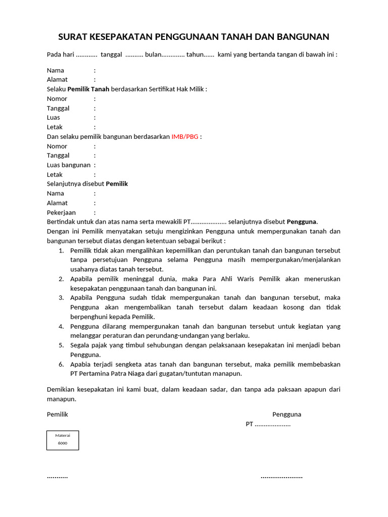 Contoh Draft Surat Pengguna Tanah & Bangunan Agen NPSO PT ...